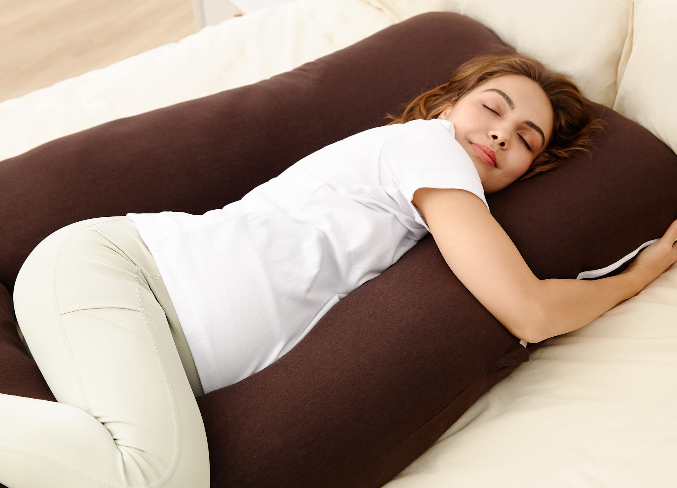 Momcozy Pregnancy Pillows for Sleeping, U Shaped Full Body Maternity Pillow for Side Sleeping - Support for Back, Legs, Belly, Hips, 57 Inch, Brown