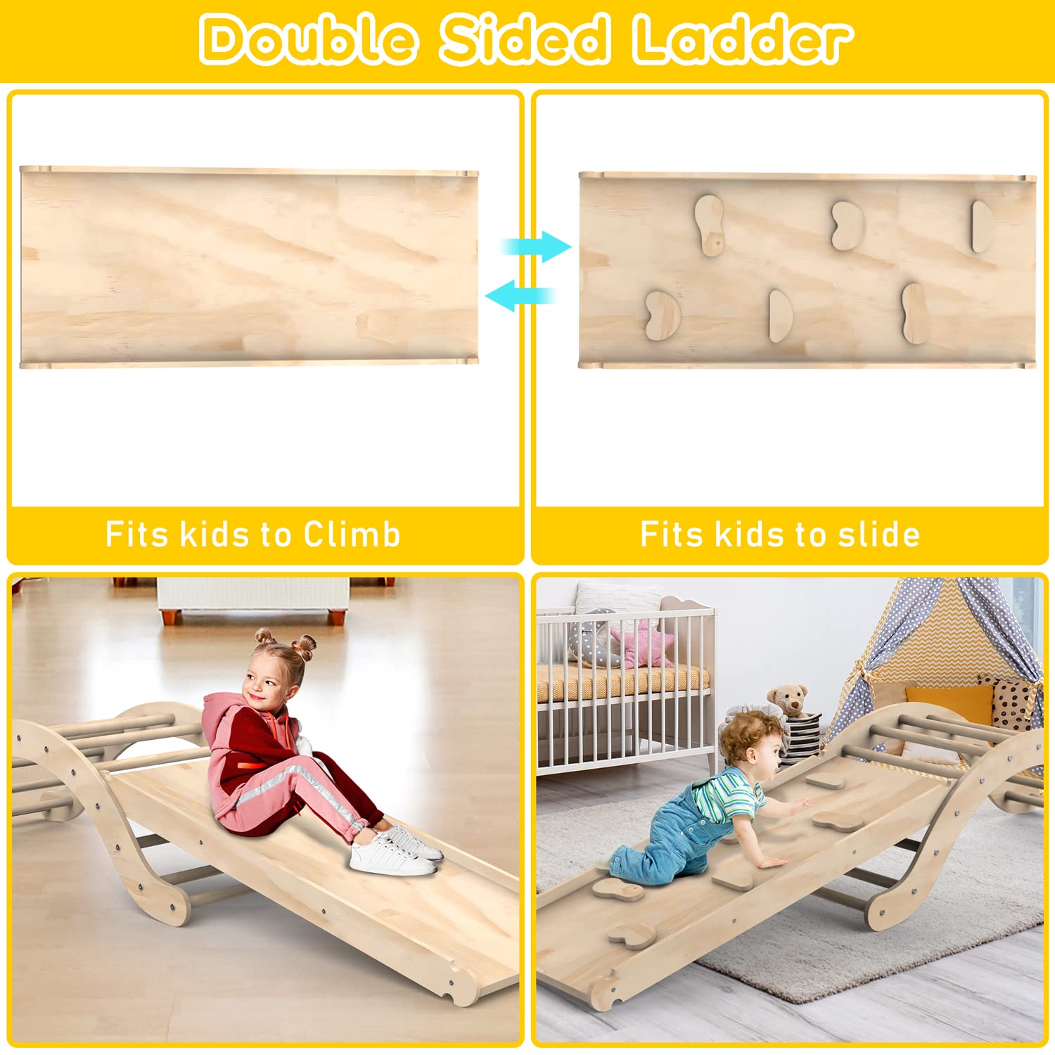 ALZN Climbing Ladder Toys for Toddlers with Ramp and Padding, 3-in-1 Wooden Montessori Activity Climber Toys Set for Sliding and Climbing, Safety Playground for Toddlers and Kids