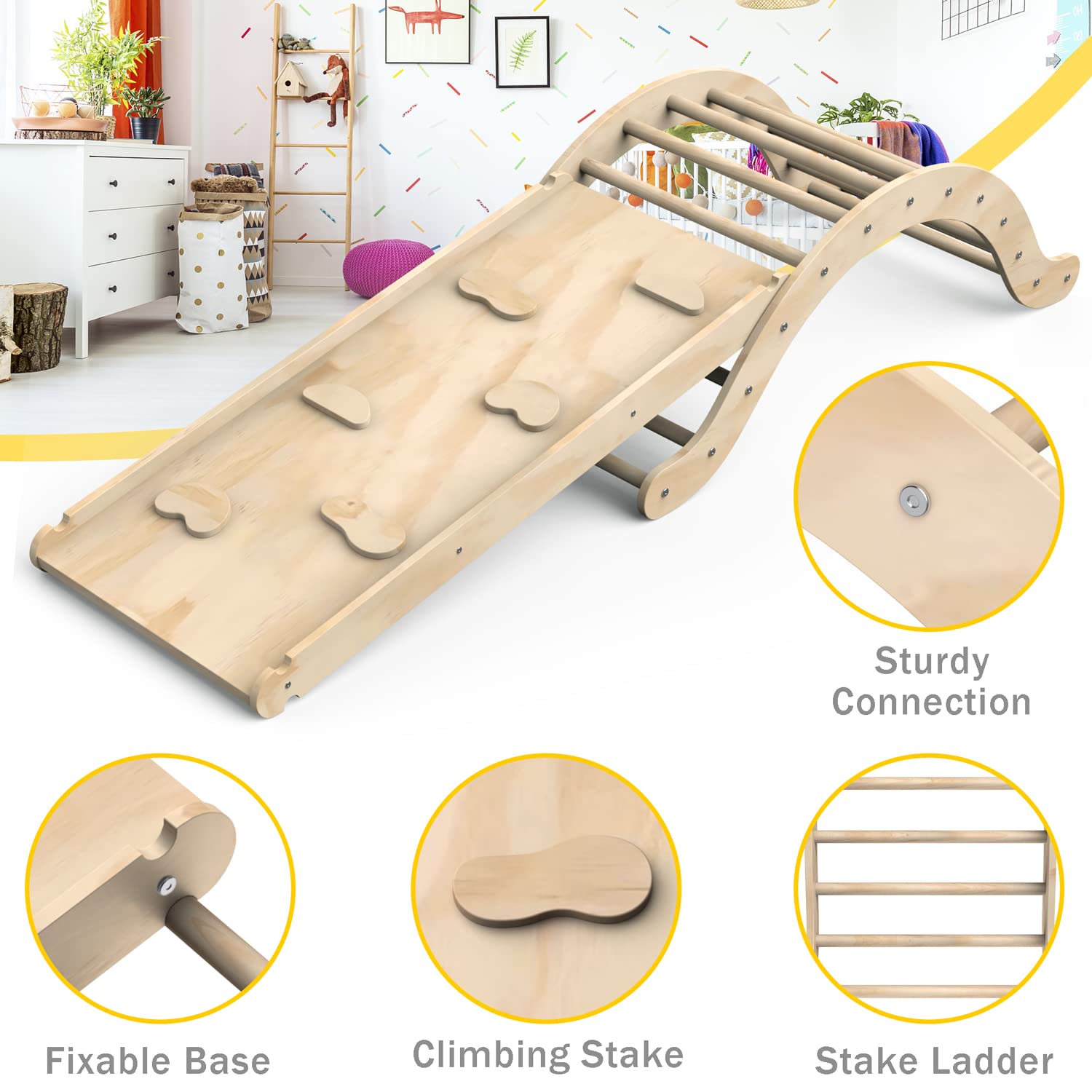 ALZN Climbing Ladder Toys for Toddlers with Ramp and Padding, 3-in-1 Wooden Montessori Activity Climber Toys Set for Sliding and Climbing, Safety Playground for Toddlers and Kids