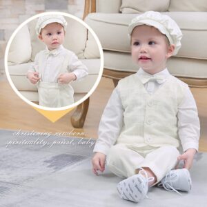 Booulfi Baptism Outfits for Boys, Baby Boy Clothes Formal Gentleman Suits White Dress Shirt Bowtie Suspender Pants Vest Hat, Christening gifts 3-6M