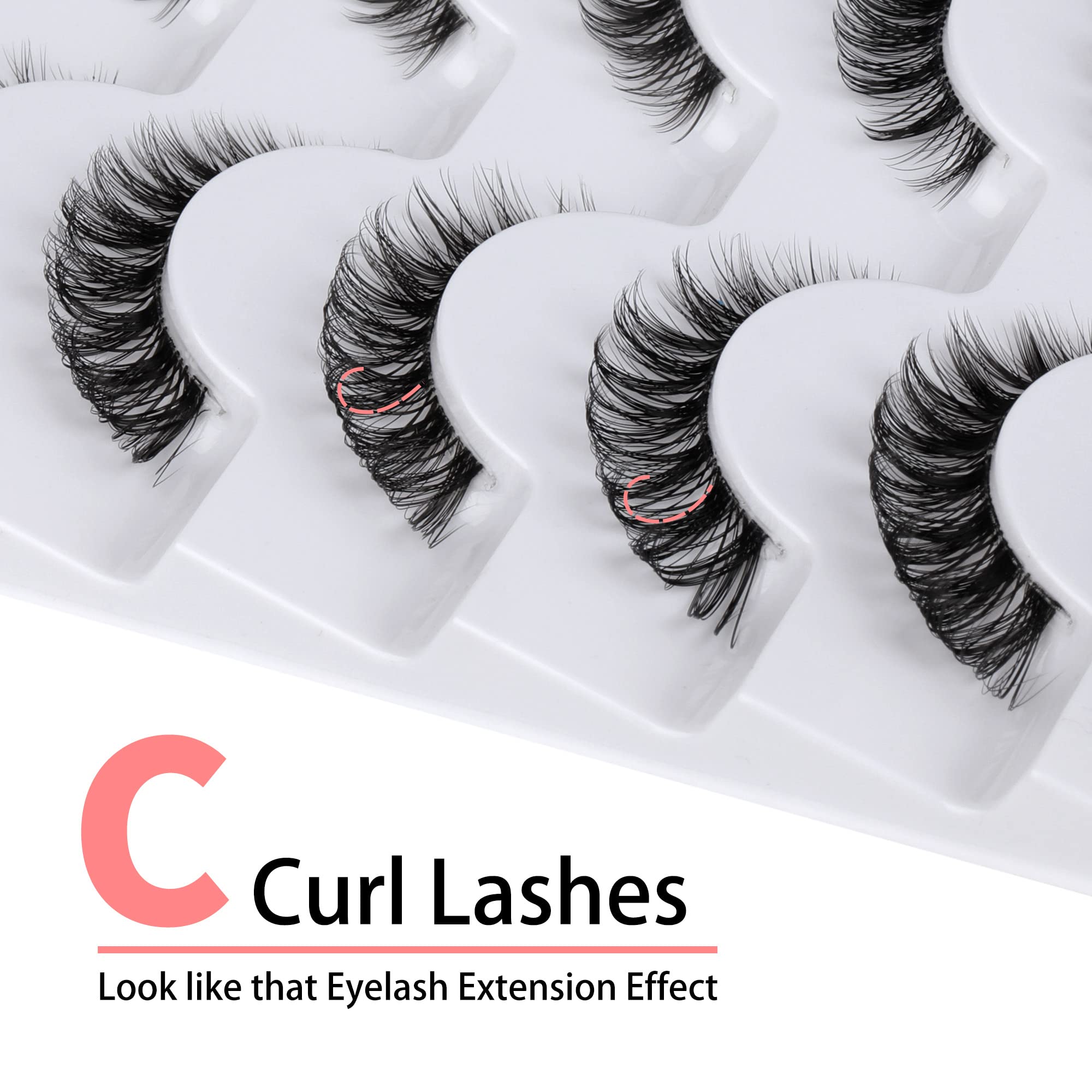 False Eyelashes Wispy Natural C Curl Strip Lashes Transparent Lash Bands Fluffy Cat Eye Lashes 7 Pairs by Yawamica