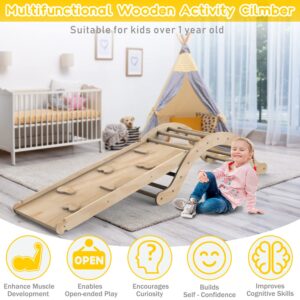 ALZN Climbing Ladder Toys for Toddlers with Ramp and Padding, 3-in-1 Wooden Montessori Activity Climber Toys Set for Sliding and Climbing, Safety Playground for Toddlers and Kids