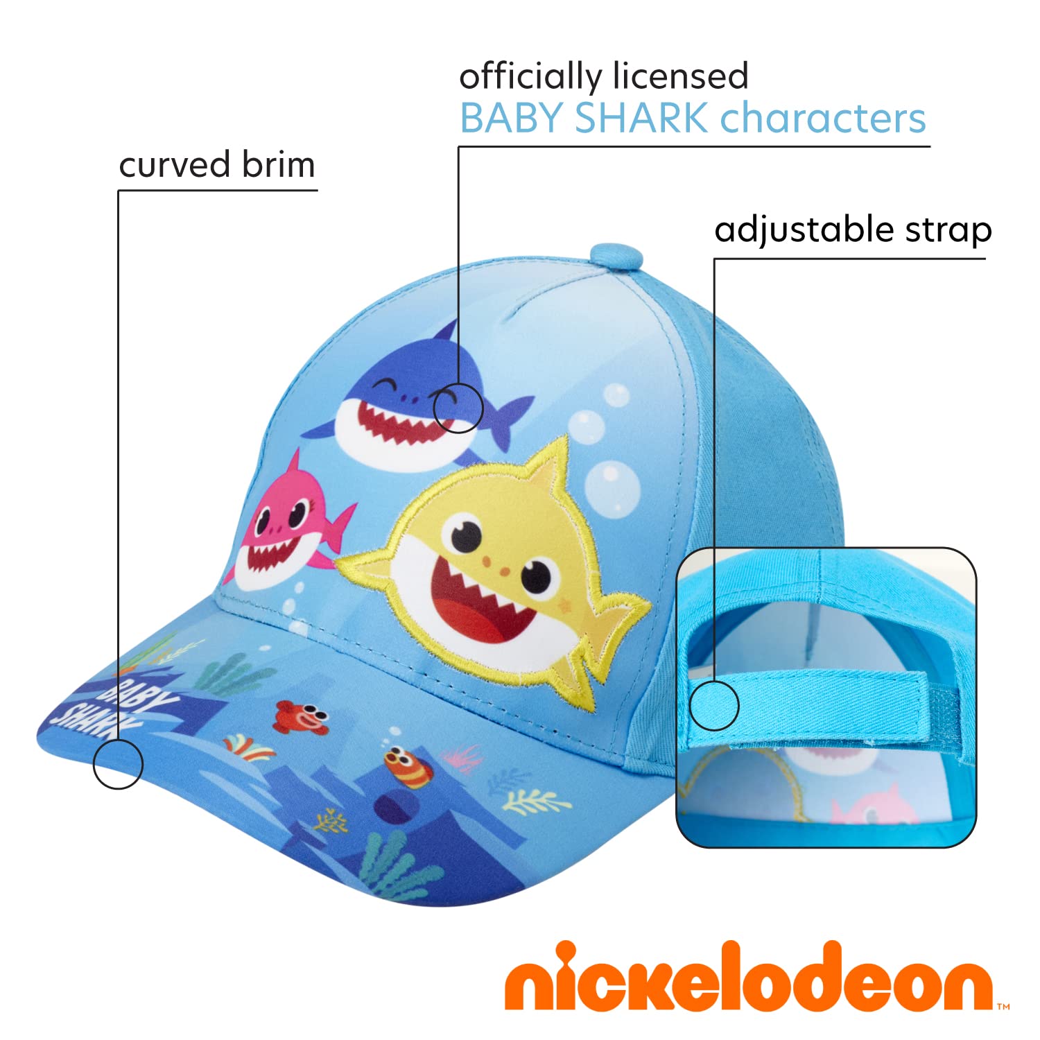 Nickelodeon Toddler Boys’ Baby Shark Hat – Adjustable Baseball Cap (2T-4T), Size 2-4T, Baby Shark White/Blue