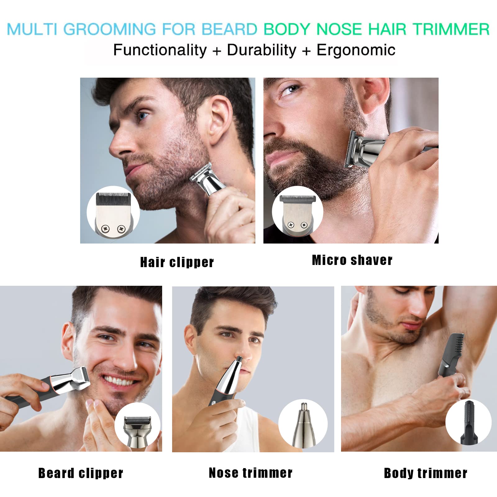 Audoc 5 in 1 Waterproof Hair Trimmer Kit for Men - Precision Trimmer, Micro Shaver, Full Size Trimmer, Body Hair Trimmer, Nose Trimmer, LED Display, Magnetic Replacement Heads