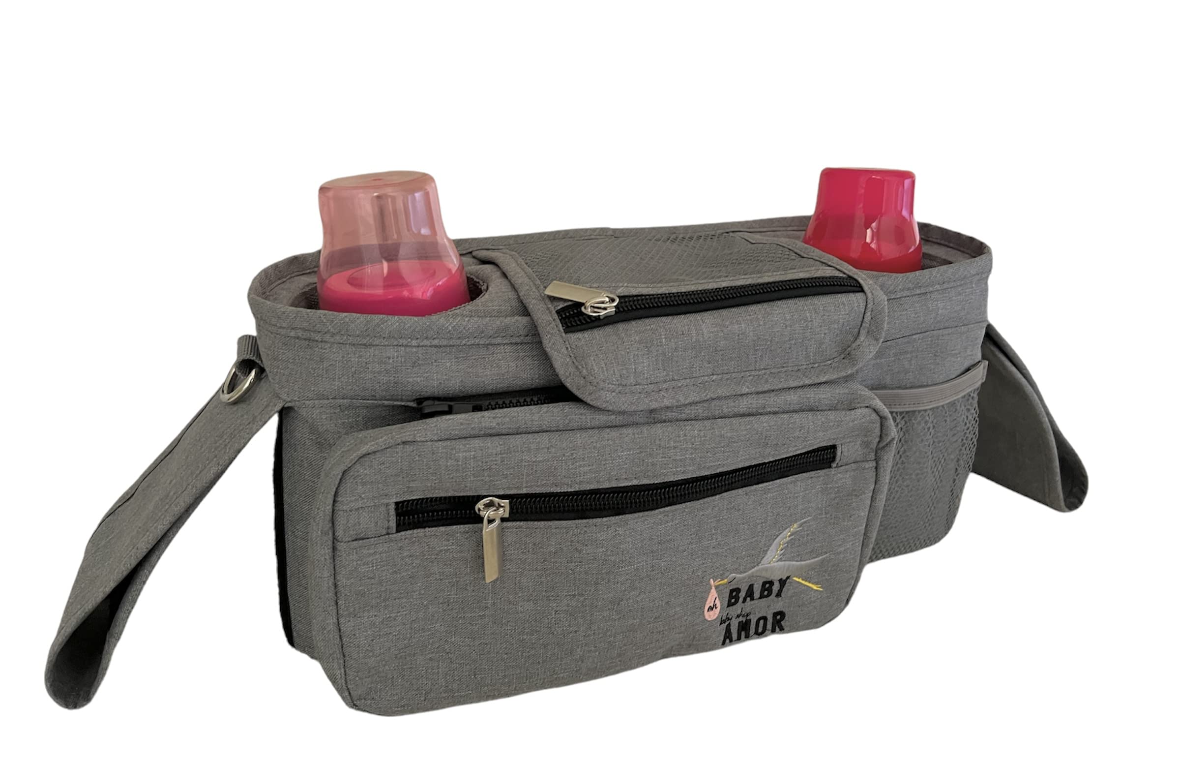 Baby Amor Stroller Organizer with Insulated Cup Holder. Detachable Phone Bag & Shoulder Strap. Fits any stroller.