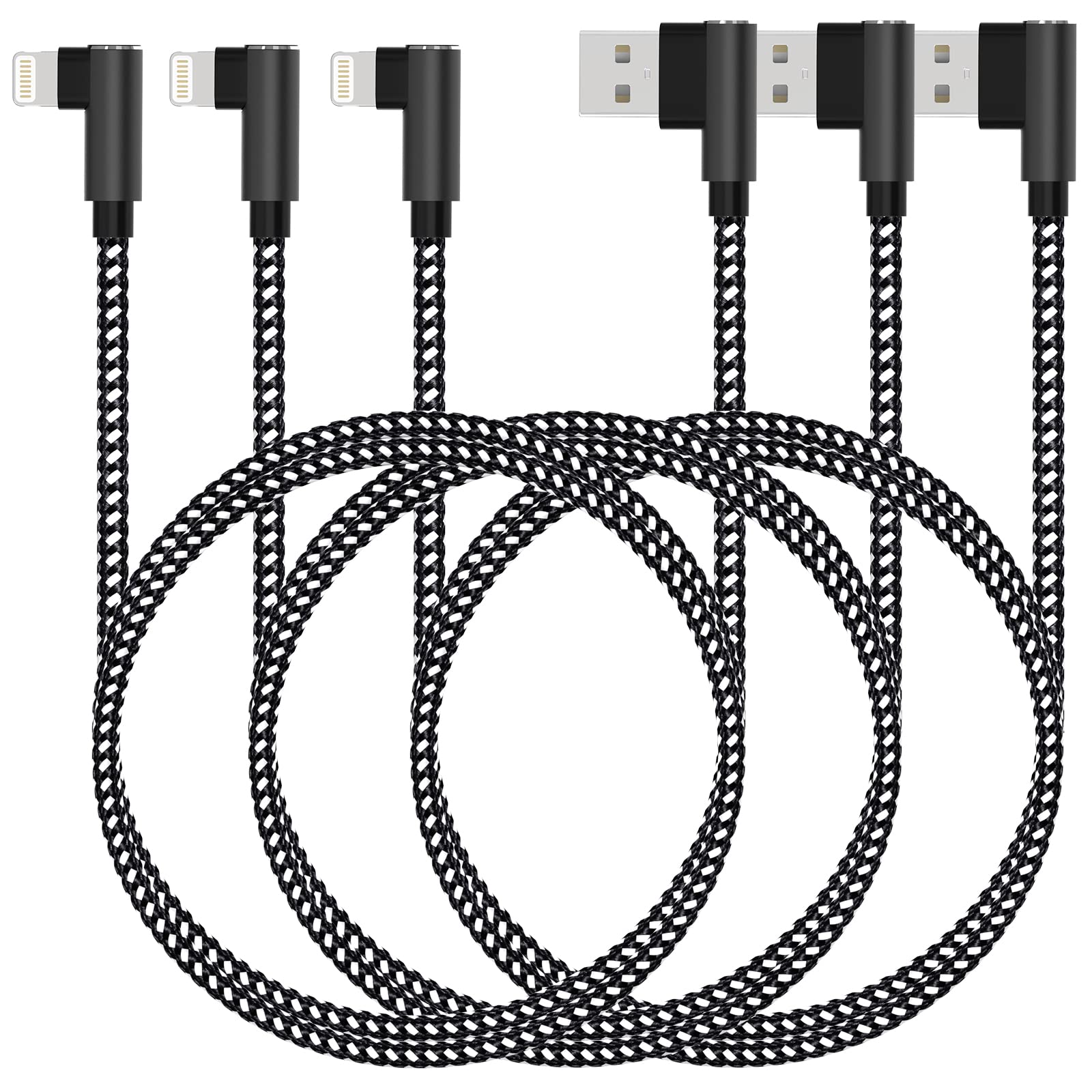 iPhone Charger 10 FT [Apple Mfi Certified] 3 Pack Long 90 Degree Lightning Charging Cable 10 Ft Nylon Braided Charge & Sync Cord for iPhone 14/13/12/11/XR/8/7/6/5 iPad Air 2/Mini/ (Black White,10Feet)