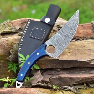 Grace Knives Handmade Viking Knife Meat Cleaver Fishing Fillet Boning Knife Damascus Steel Knife With Leather Sheath G-511 (Blue Wood)