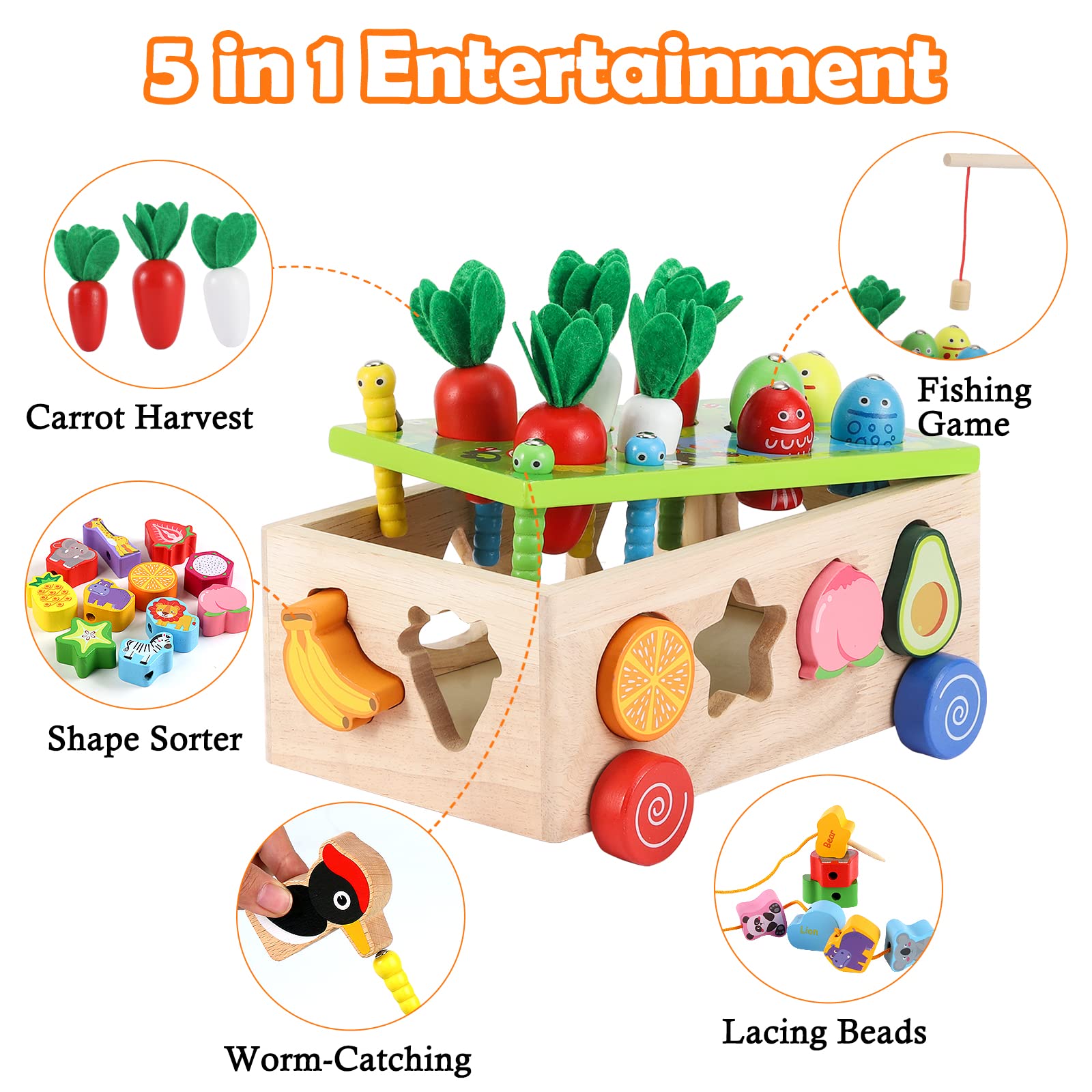 BAYMI Toddler Wooden Educational Montessori Toys, Baby Gifts for 2 3 4 Year Old Girls & Boys, Fine Motor Skill Carrot Harvest & Shape Sorting Learning & Education Developmental Toys for Kids 2-4