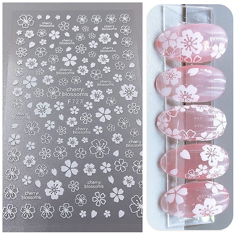 Flower Nail Stickers 3D Self-adhesive Nail Art Supplies 4 Sheets White Cherry Blossom Nail Art Decals Manicure Tips Nail Decoration Floral Nail Stickers for Acrylic Nails Beauty Charms Accessories