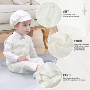 Booulfi Baptism Outfits for Boys, Baby Boy Clothes Formal Gentleman Suits White Dress Shirt Bowtie Suspender Pants Vest Hat, Christening gifts 3-6M