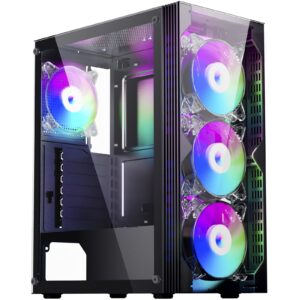 esgaming gaming pc case atx mid tower case with 4pcs 120mm rgb fans, computer gaming case with tempered glass side & front panels to support 240mm radiator &usb 3.0