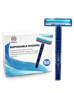 disposable razors for men, 50 count men razora for shaving with lubricating strips, twin hypoallergenic stainless-steel travel razor for men sensitive skin blue