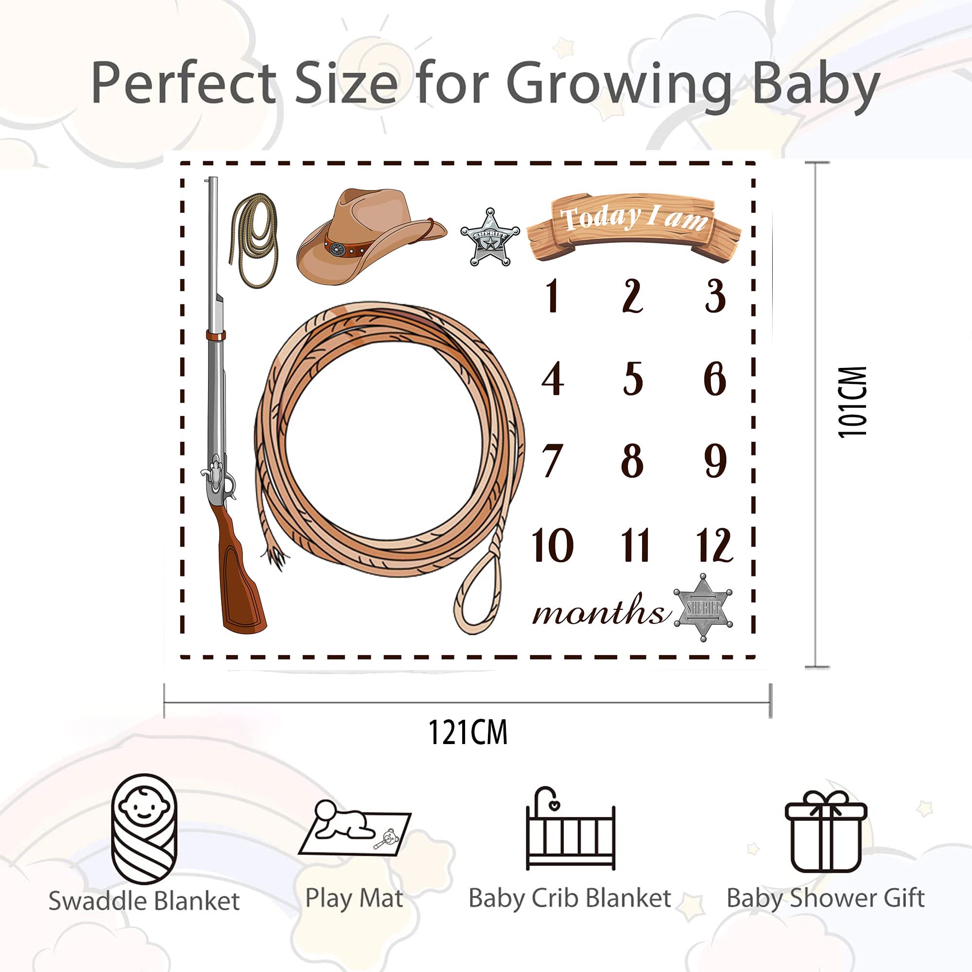 Cowboy Theme Baby Monthly Milestone Blanket, 48x40in Soft Flannel, Gun Rope Backgrounds, Newborn Mom Gifts, Baby Shower Age Growth Tracker with Bonus Maker BTZSSS23