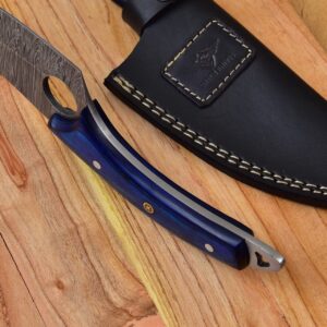 Grace Knives Handmade Viking Knife Meat Cleaver Fishing Fillet Boning Knife Damascus Steel Knife With Leather Sheath G-511 (Blue Wood)