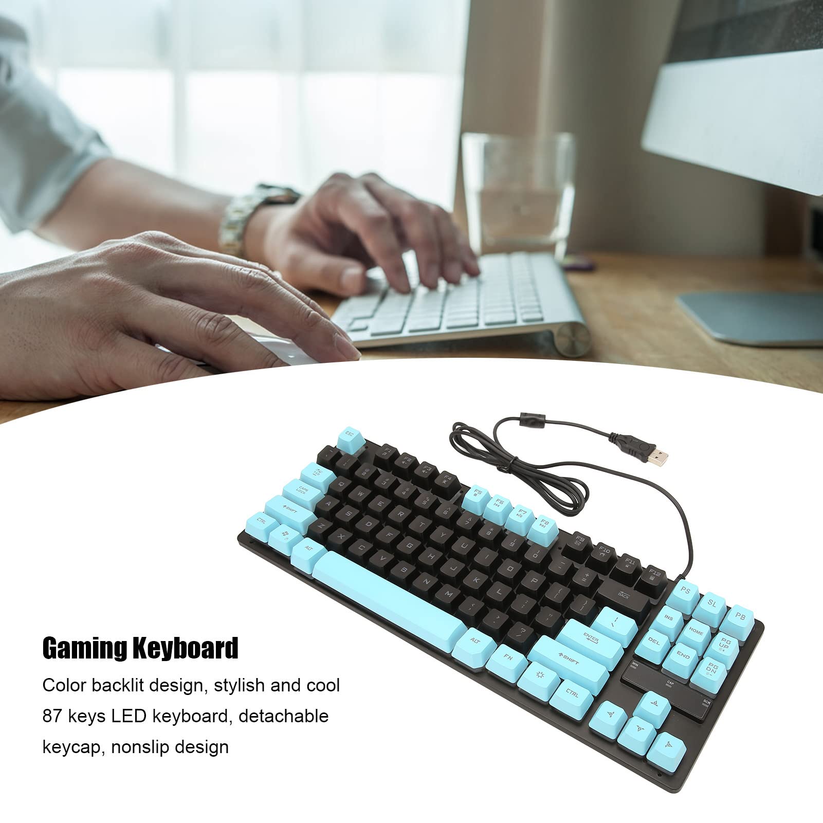 Shanrya Wired Gaming Keyboard, Wide Compatibility Ergonomic Design Wired Keyboard Detachable Keycaps for Desktop for Notebook Computers(Dark Blue)