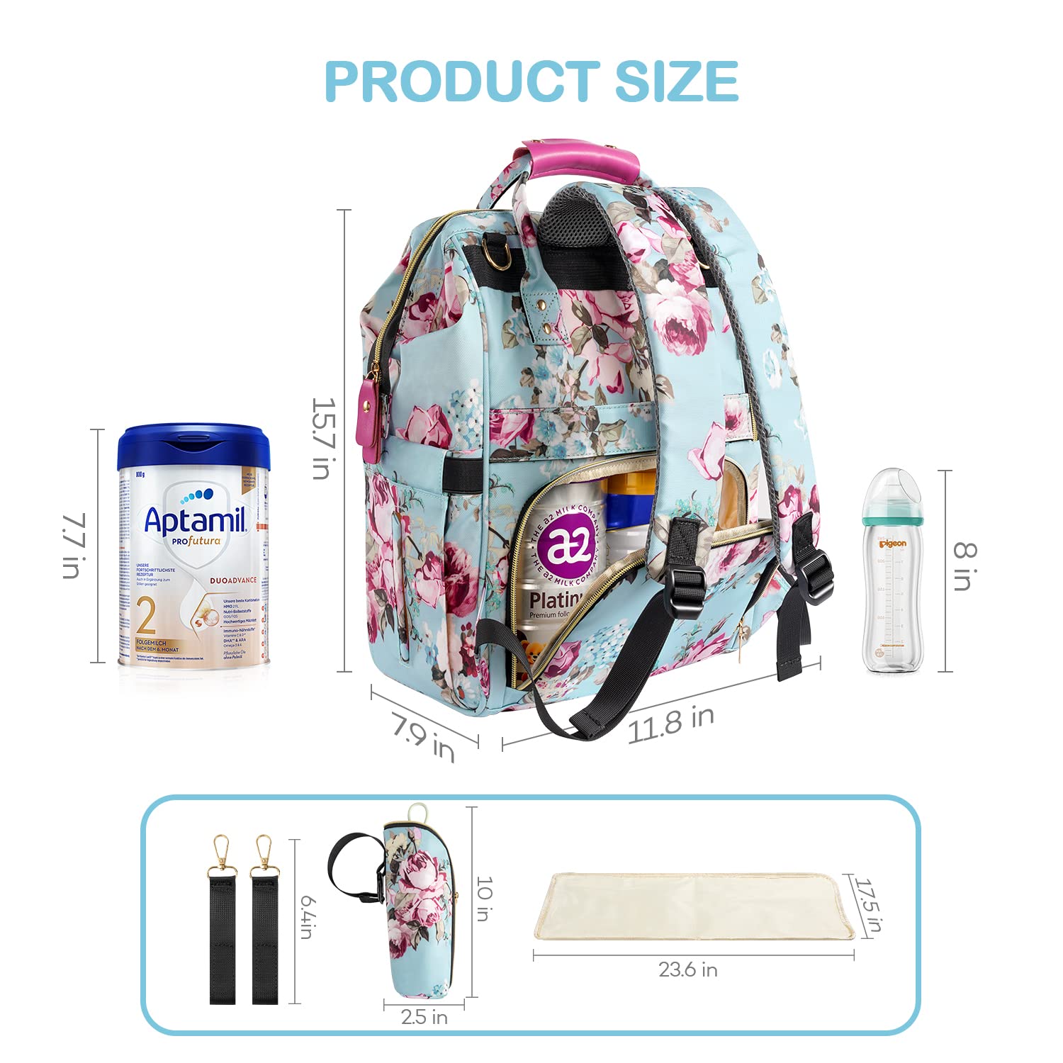 LitBear Diaper Bag Backpack with Portable Changing Pad & Stroller Straps, Big Baby Bags for Boys Girls, Multipurpose, Waterproof & Stylish Travel Back Pack for Moms Dads, Pink/Blue/Purple (Floral)