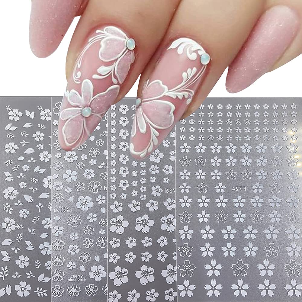 Flower Nail Stickers 3D Self-adhesive Nail Art Supplies 4 Sheets White Cherry Blossom Nail Art Decals Manicure Tips Nail Decoration Floral Nail Stickers for Acrylic Nails Beauty Charms Accessories