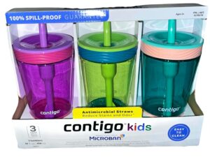 contigo spill-proof kids tumbler, 3-pack, pink, green, aqua, comes with customized bryant supplies, llc pen,14 ounce