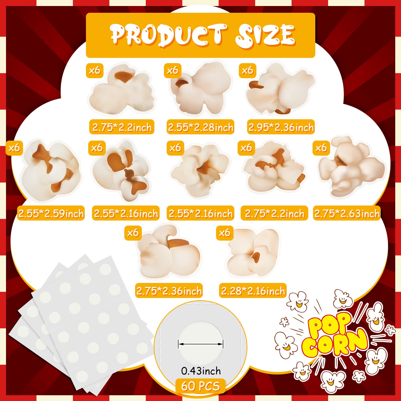 60 Packs Popcorn Mini Accents Fake Popcorn Various Popcorn Stickers with 60 Packs Glue Point Dots Popcorn Decorations for Classroom Blackboard Bulletin Board Wall School