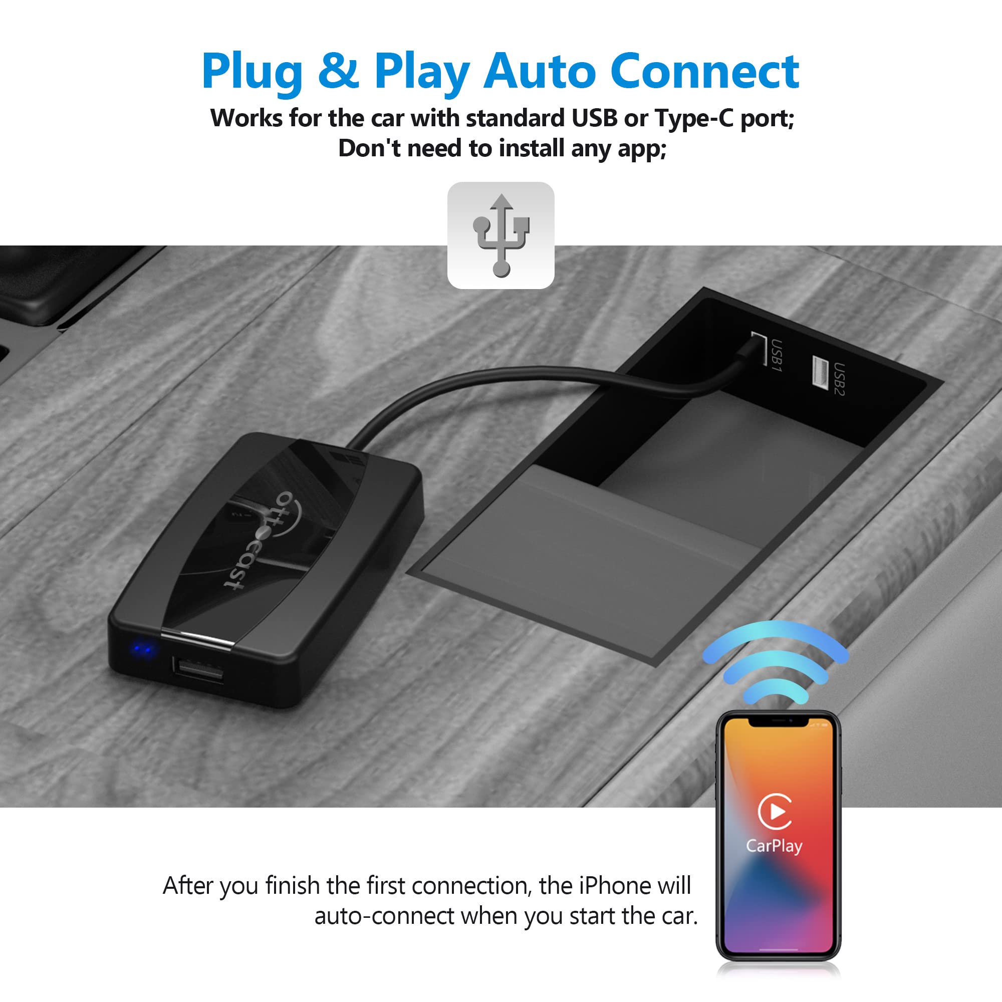 OTTOCAST 2 in 1 Android Auto/CarPlay Wireless Adapter - Wired to Wireless CarPlay & AA USB Dongle for Factory Wired CarPlay Car Adapter - 5GHz WiFi, Low Latency, Plug & Play, Online Update