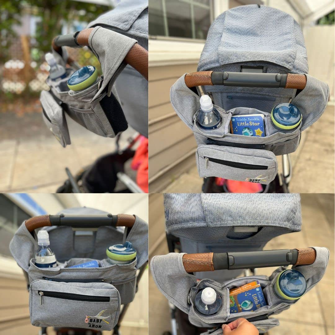 Baby Amor Stroller Organizer with Insulated Cup Holder. Detachable Phone Bag & Shoulder Strap. Fits any stroller.