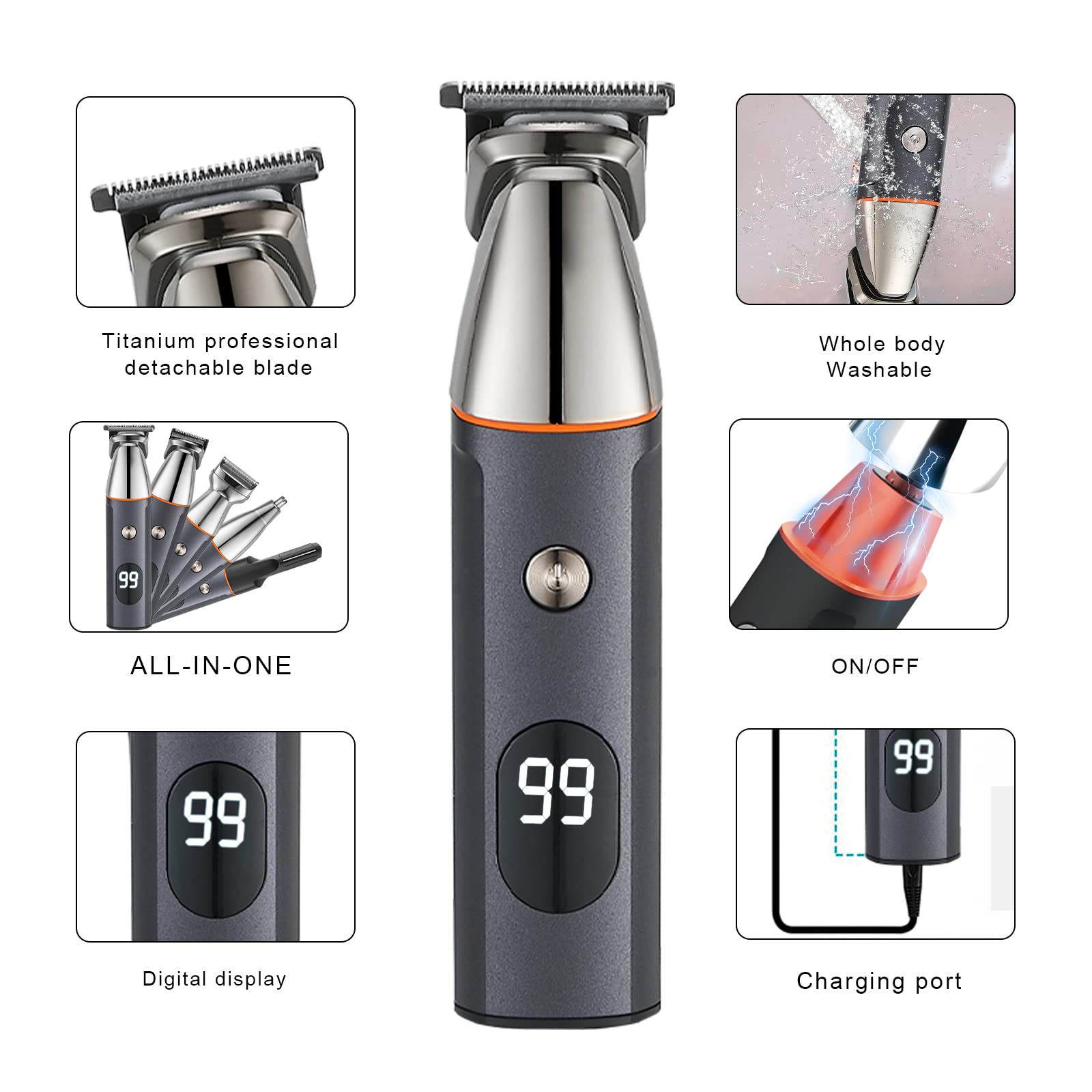 Audoc 5 in 1 Waterproof Hair Trimmer Kit for Men - Precision Trimmer, Micro Shaver, Full Size Trimmer, Body Hair Trimmer, Nose Trimmer, LED Display, Magnetic Replacement Heads