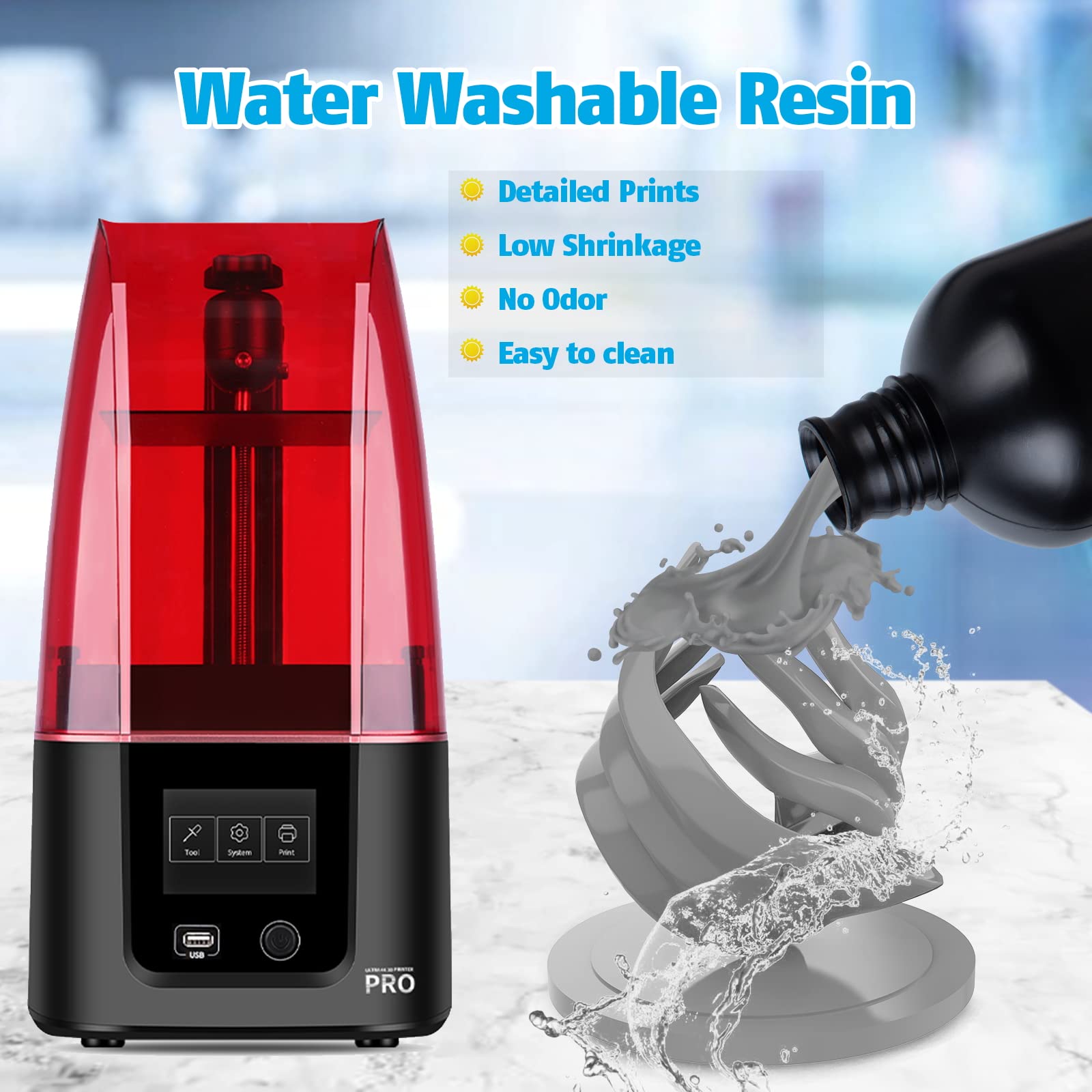 Water Washable 3D Printer Resin - 405nm Water Wash Resin, Low Odor LCD UV Curing 3D Printing Resin – Easy to Clean Photopolymer Resin for SLA 3D Printer (Grey, 1KG)