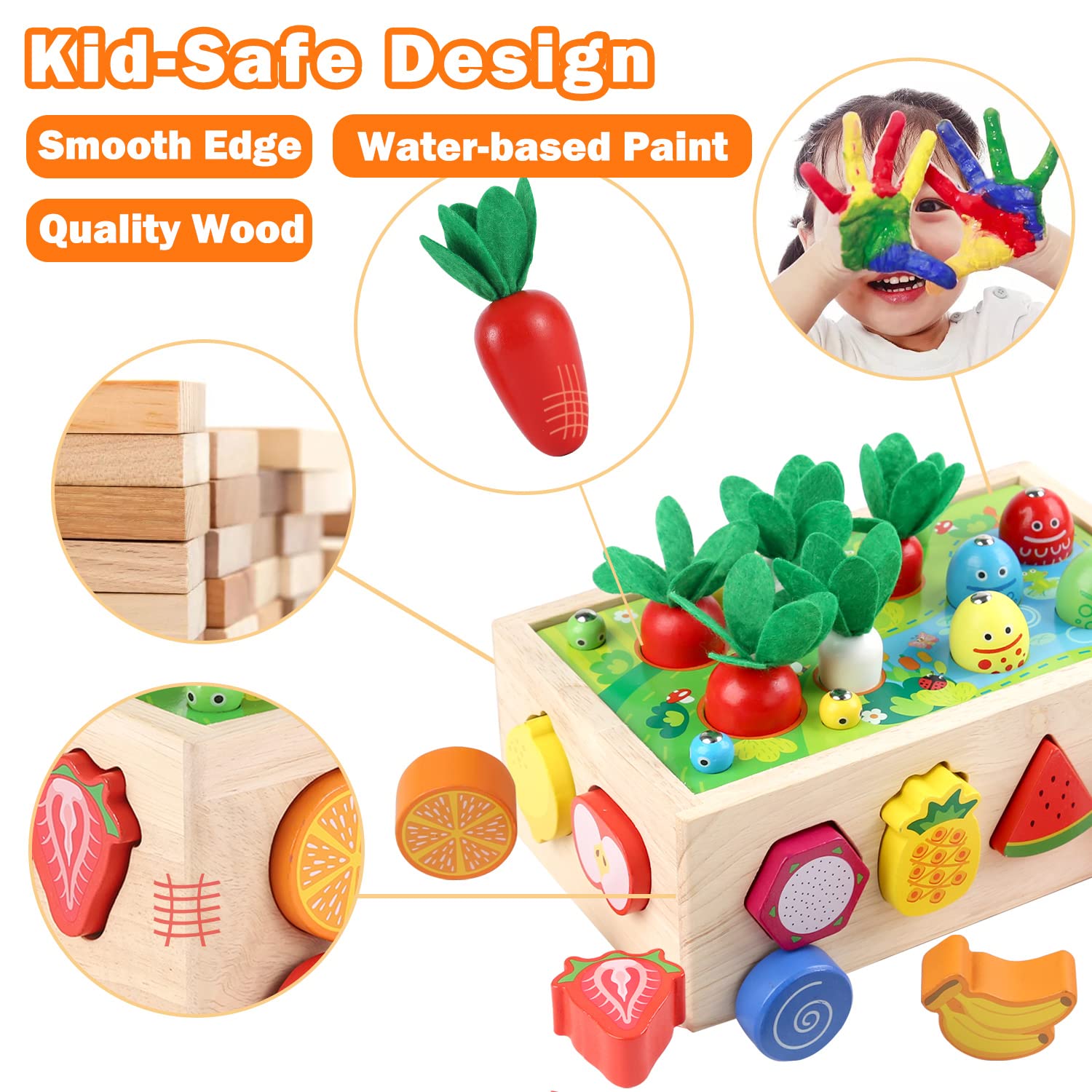 BAYMI Toddler Wooden Educational Montessori Toys, Baby Gifts for 2 3 4 Year Old Girls & Boys, Fine Motor Skill Carrot Harvest & Shape Sorting Learning & Education Developmental Toys for Kids 2-4