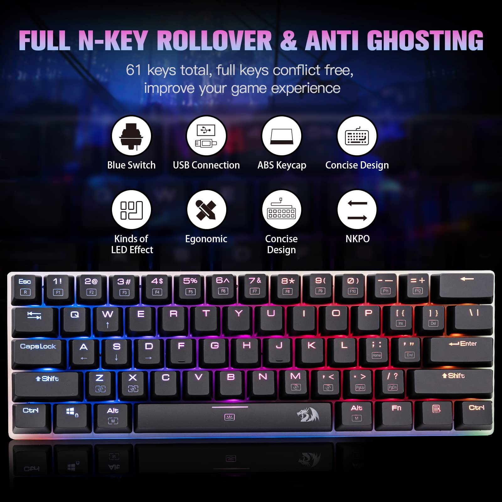 Redragon K605 Alien Giant Mechanical Gaming Keyboard, Super Big 61 Keys & Outemu Blue Switch, RGB LED Backlit Ergonomic Wired Type-C Full Key Conflict Free Anti-Ghosting NKRO Keyboard