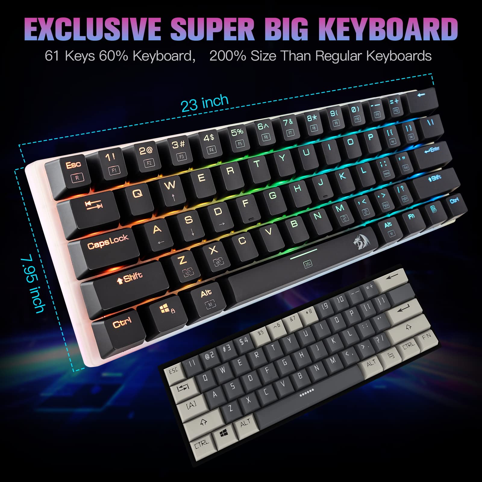 Redragon K605 Alien Giant Mechanical Gaming Keyboard, Super Big 61 Keys & Outemu Blue Switch, RGB LED Backlit Ergonomic Wired Type-C Full Key Conflict Free Anti-Ghosting NKRO Keyboard