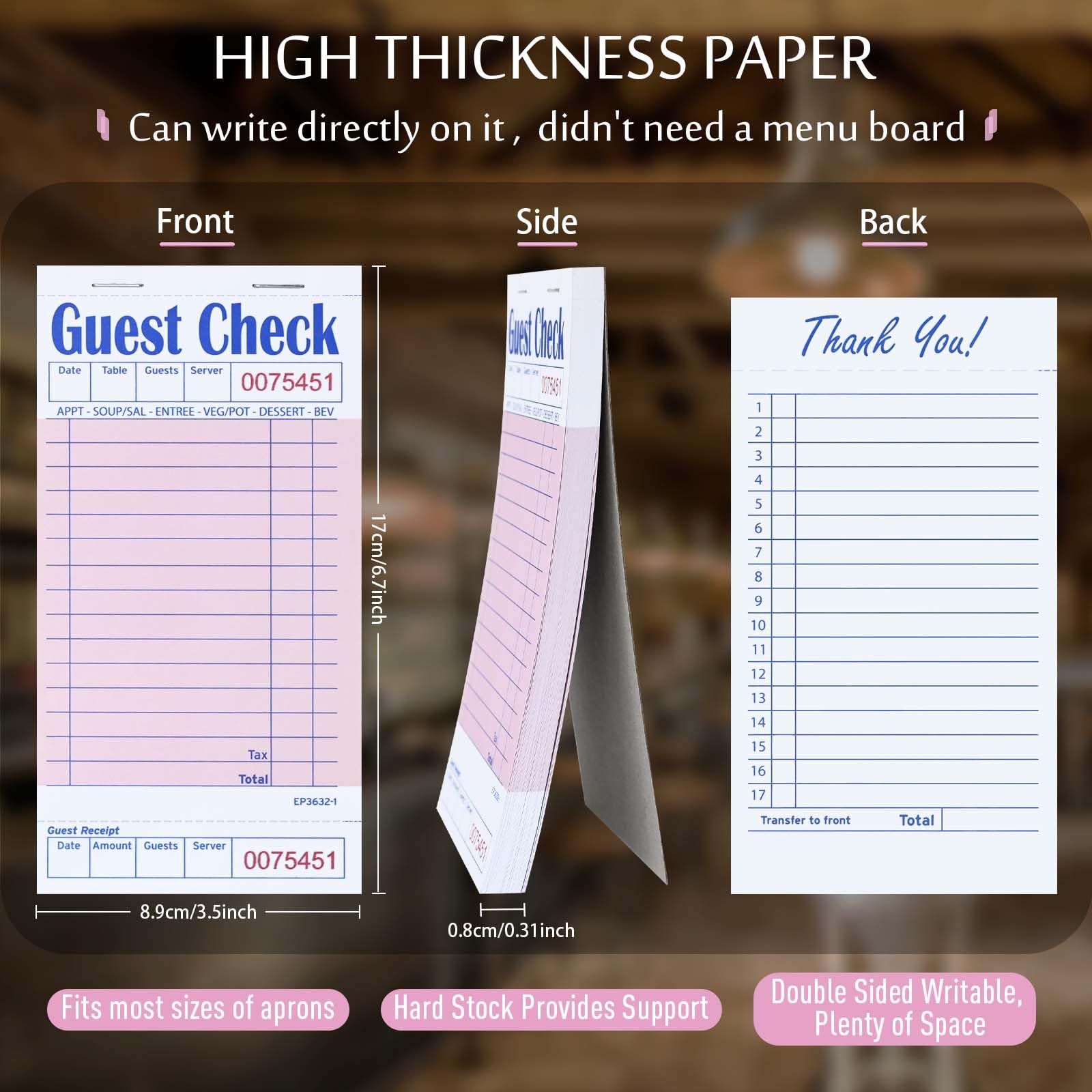 DGBDPACK Guest Check Pads EP-3632-1 (20 Pads), Total 1000 Pink Waitress Notepad, Server Order Pads