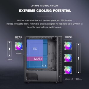 ESGAMING Gaming PC Case ATX Mid Tower Case with 4pcs 120mm RGB Fans, Computer Gaming Case with Tempered Glass Side & Front Panels to Support 240mm Radiator &USB 3.0