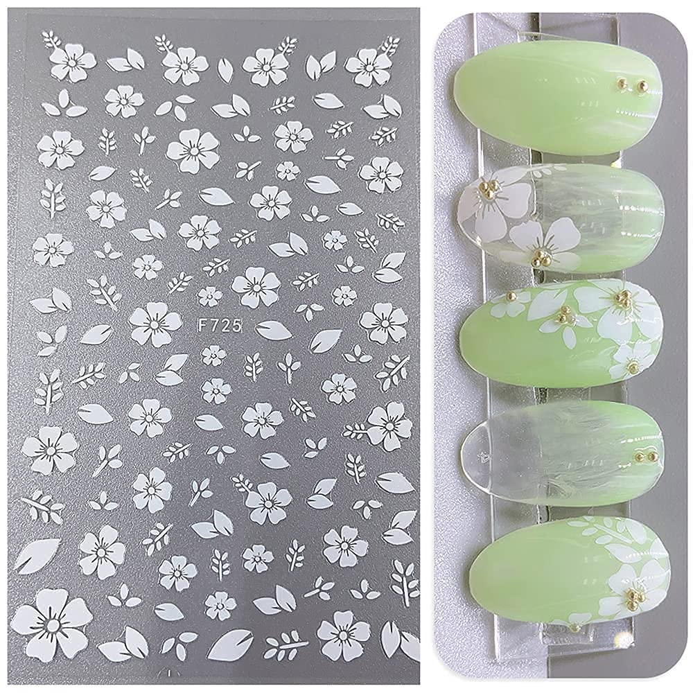 Flower Nail Stickers 3D Self-adhesive Nail Art Supplies 4 Sheets White Cherry Blossom Nail Art Decals Manicure Tips Nail Decoration Floral Nail Stickers for Acrylic Nails Beauty Charms Accessories