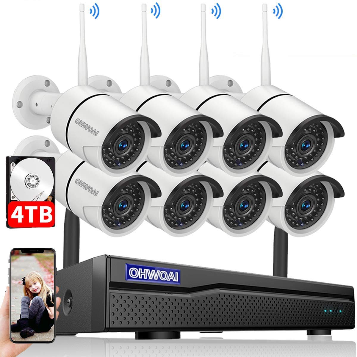 Wireless Security Camera System, 8Pcs 2MP 1080P Home WiFi IP Cameras, OHWOAI Indoor/Outdoor CCTV Video Surveillance System, 8CH Wireless NVR, IP67 Waterproof, 4TB HDD, Night Vision, Motion Detection