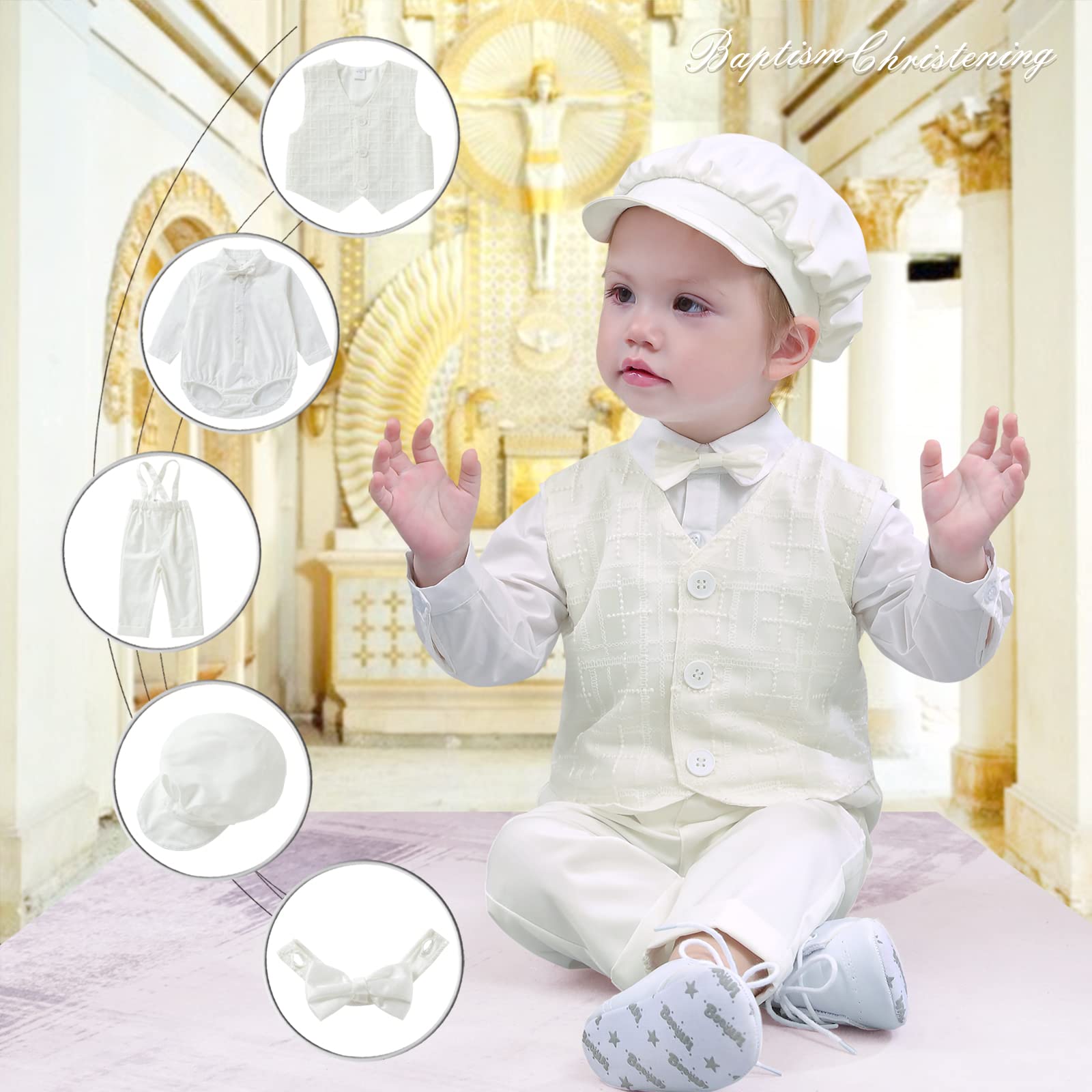 Booulfi Baptism Outfits for Boys, Baby Boy Clothes Formal Gentleman Suits White Dress Shirt Bowtie Suspender Pants Vest Hat, Christening gifts 3-6M