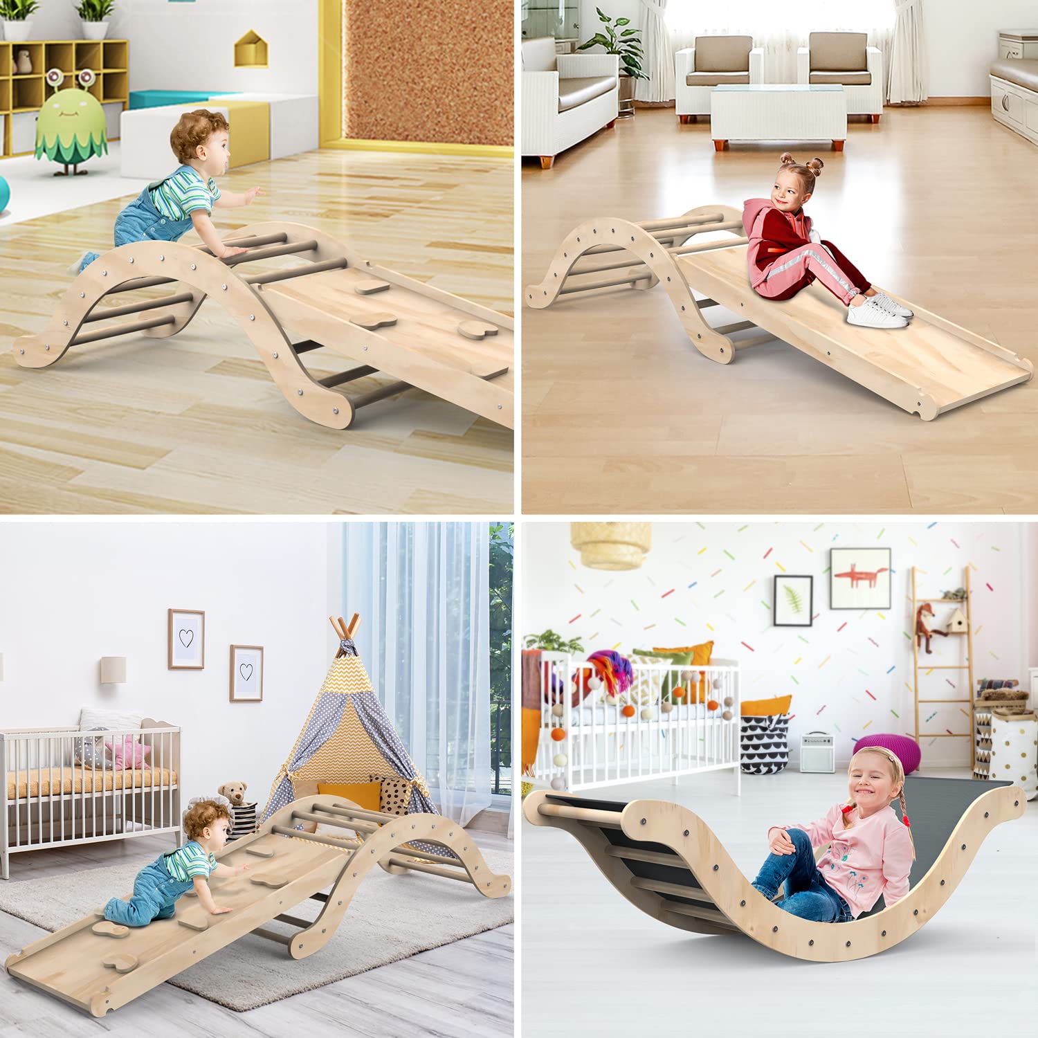 ALZN Climbing Ladder Toys for Toddlers with Ramp and Padding, 3-in-1 Wooden Montessori Activity Climber Toys Set for Sliding and Climbing, Safety Playground for Toddlers and Kids