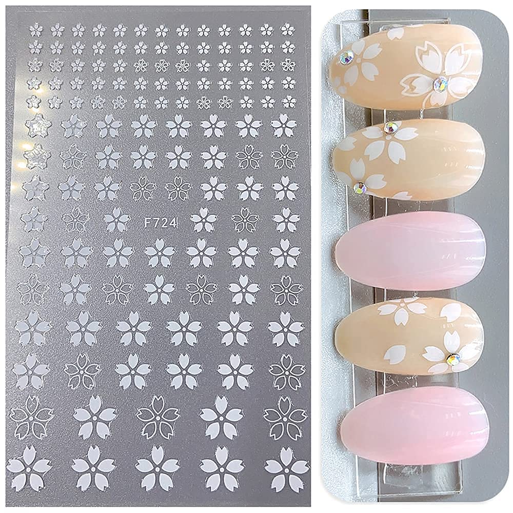 Flower Nail Stickers 3D Self-adhesive Nail Art Supplies 4 Sheets White Cherry Blossom Nail Art Decals Manicure Tips Nail Decoration Floral Nail Stickers for Acrylic Nails Beauty Charms Accessories