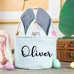 personalized easter basket for boys girls, seersucker egg hunt bunny baskets for kids, diy bunny bucket tote bags for easter decoration candy gifts storage