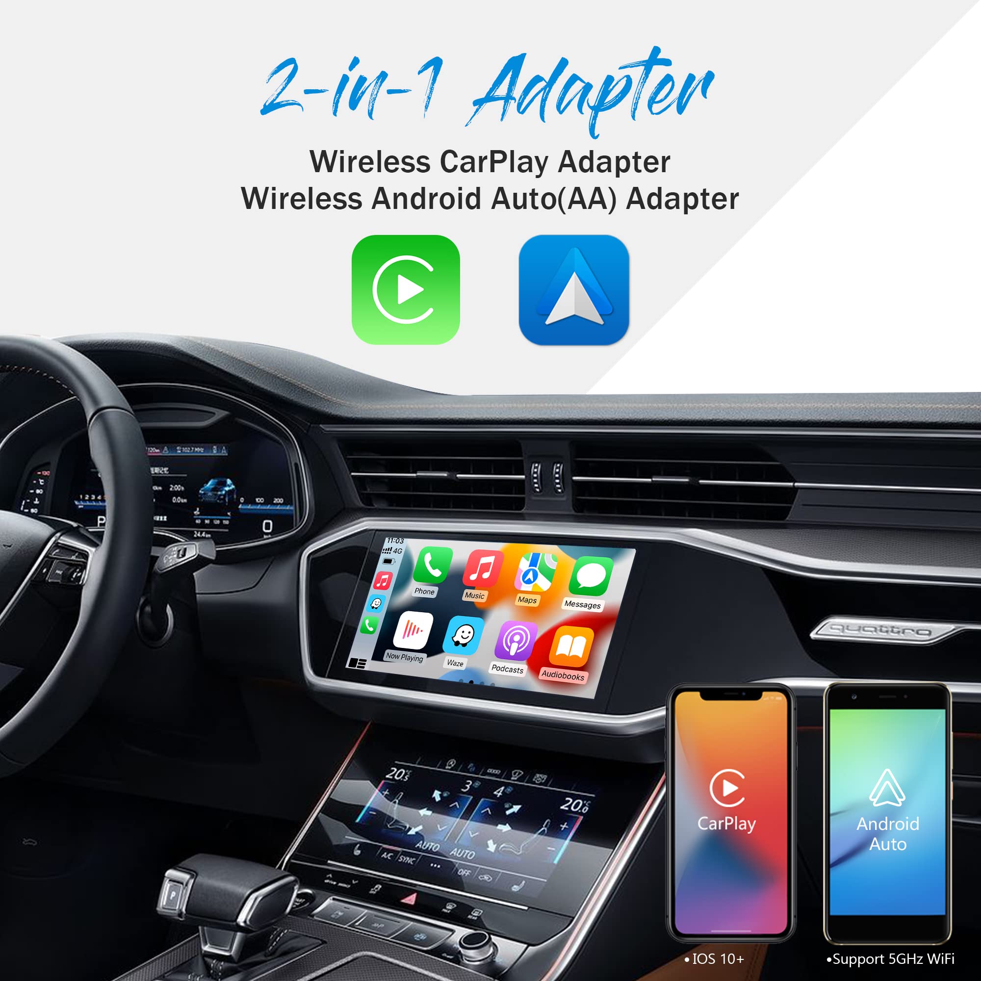 OTTOCAST 2 in 1 Android Auto/CarPlay Wireless Adapter - Wired to Wireless CarPlay & AA USB Dongle for Factory Wired CarPlay Car Adapter - 5GHz WiFi, Low Latency, Plug & Play, Online Update