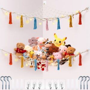 2 set stuffed animal net or hammock with led light colorful tassels boho macrame toy hammock for stuffed animals corner plush toy net holder storage organizer for nursery play room bedroom