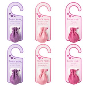 r horse 6pcs tooth fairy door hanger with bags, tooth fairy pouch bag to place under pillow lost milk teeth holder pink purple kids keepsake organizer case encourage gift for girls