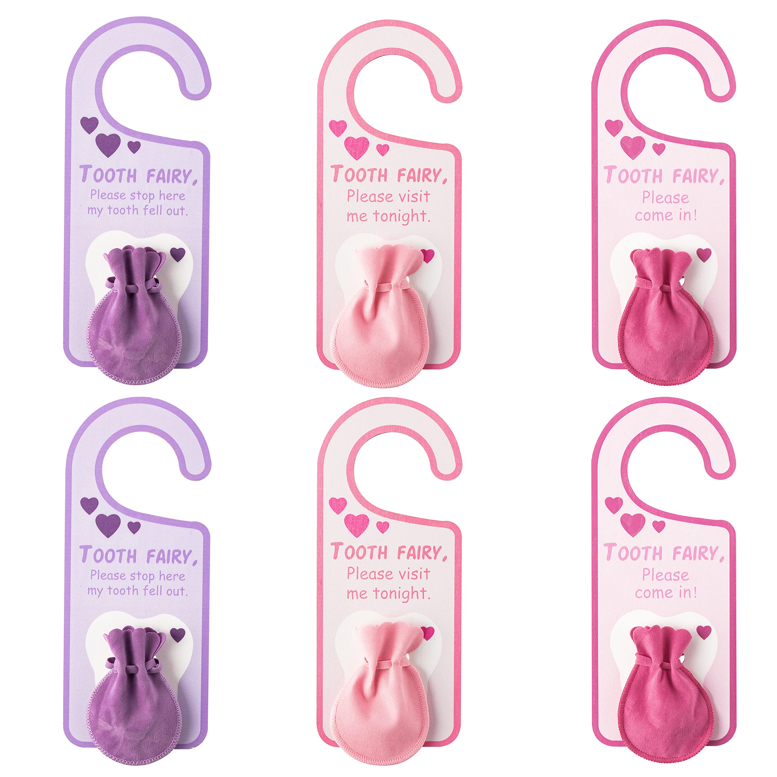 R HORSE 6Pcs Tooth Fairy Door Hanger with Bags, Tooth Fairy Pouch Bag to Place Under Pillow Lost Milk Teeth Holder Pink Purple Kids Keepsake Organizer Case Encourage Gift for Girls