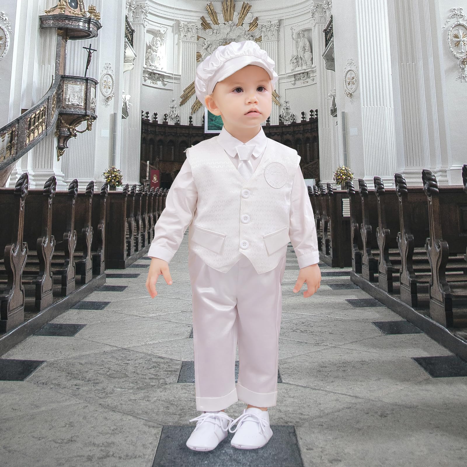 Booulfi Baby Boy Baptism Christening Clothing,Vest Bodyshirt Suspenders Pants Tie 5 Pieces Baby Boy Dress Outfit 3-6M