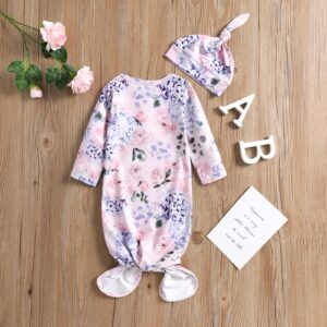 Fuzbavo Newborn Baby Girls Boys Cotton Sleeper Gown Infant Knotted Gown Hat Set … (Pink)