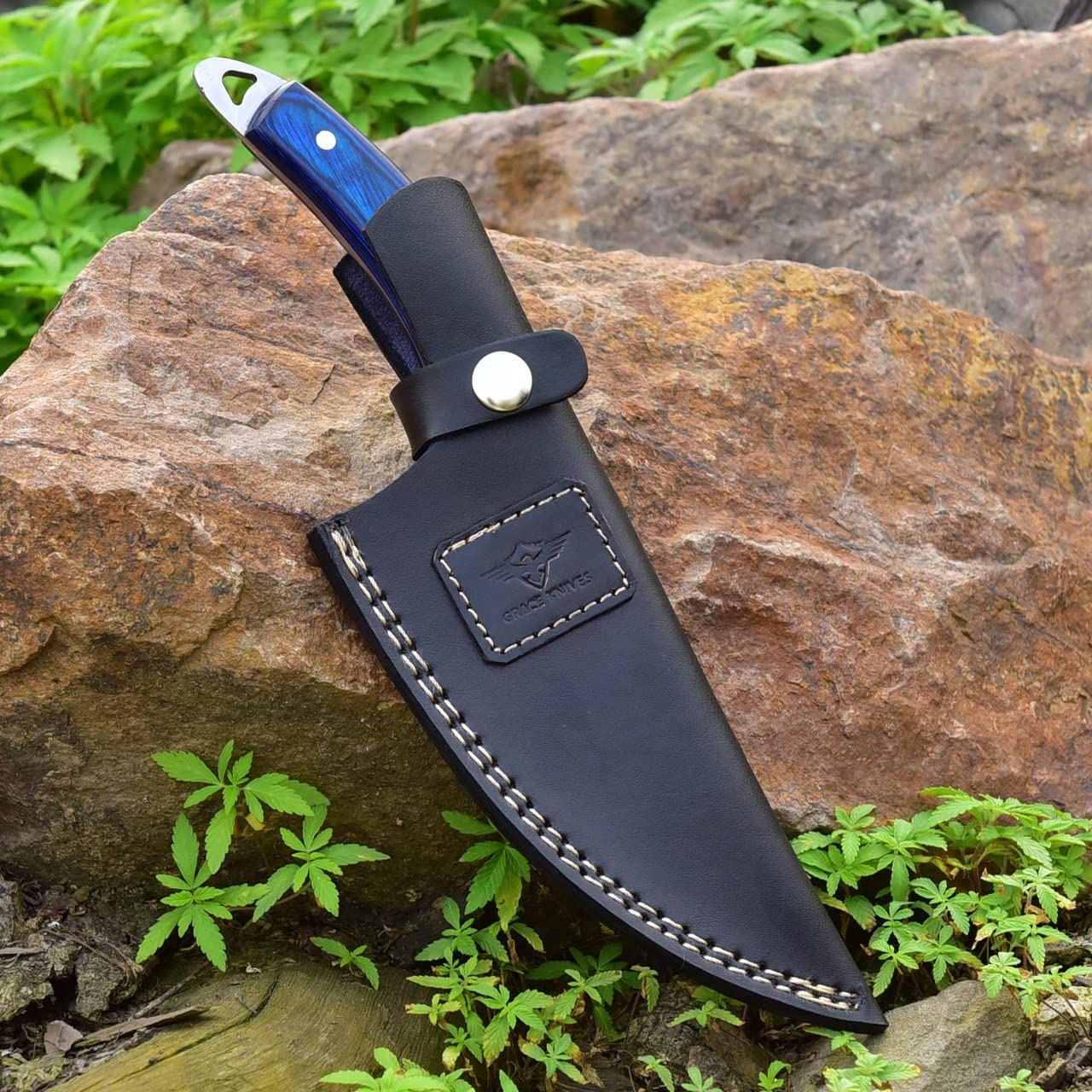 Grace Knives Handmade Viking Knife Meat Cleaver Fishing Fillet Boning Knife Damascus Steel Knife With Leather Sheath G-511 (Blue Wood)