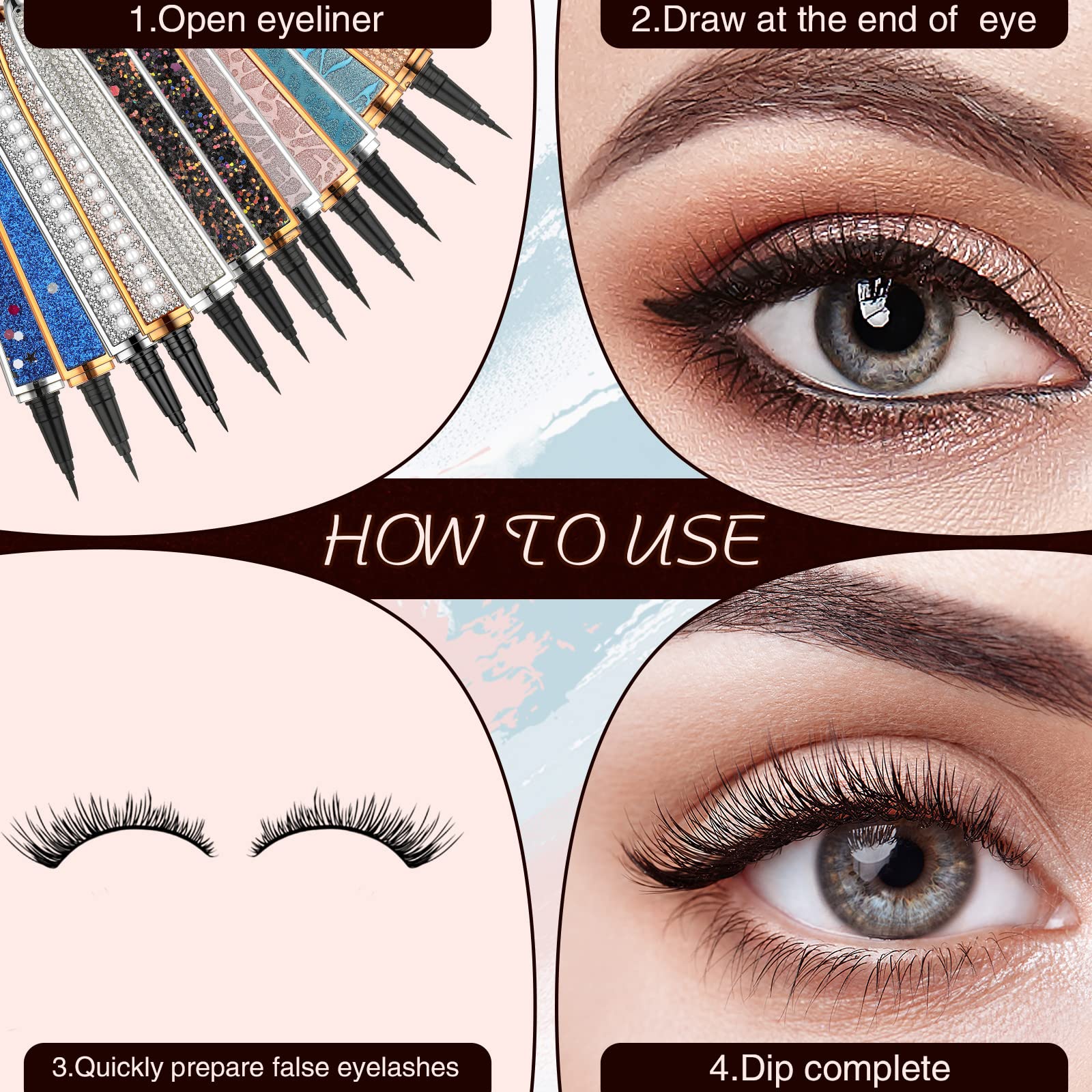 12 Pieces Self Adhesive Eyeliner 2 in 1 Eye Liner Pen Diamond Liquid Eyeliner No Glue No Magnetic Eyeliner Waterproof Lasting for Women Girls Eye Makeup False Eyelashes Gift, Black