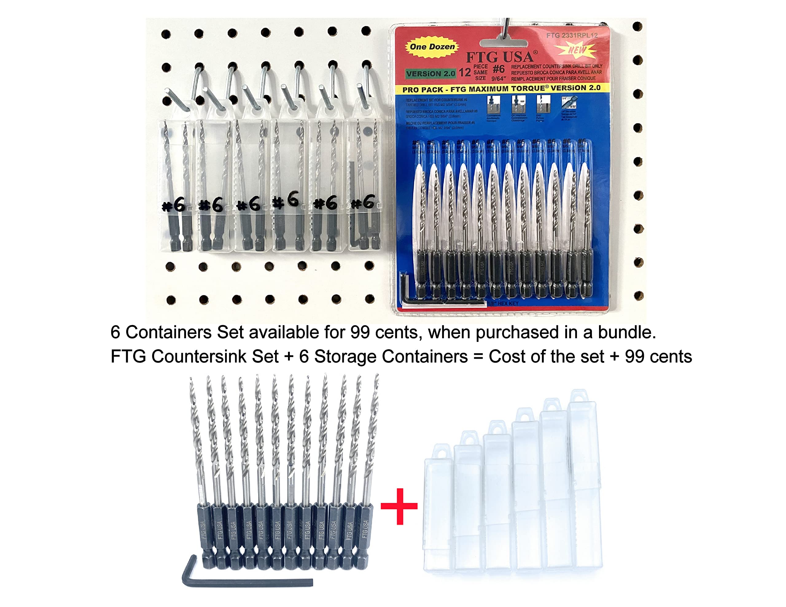 FTG USA Replacement Tapered Countersink Drill Bit Set 12 Pc (#6) 9/64" Countersink Bit Same Size Bit Replacement Only, with 6 Storage Containers