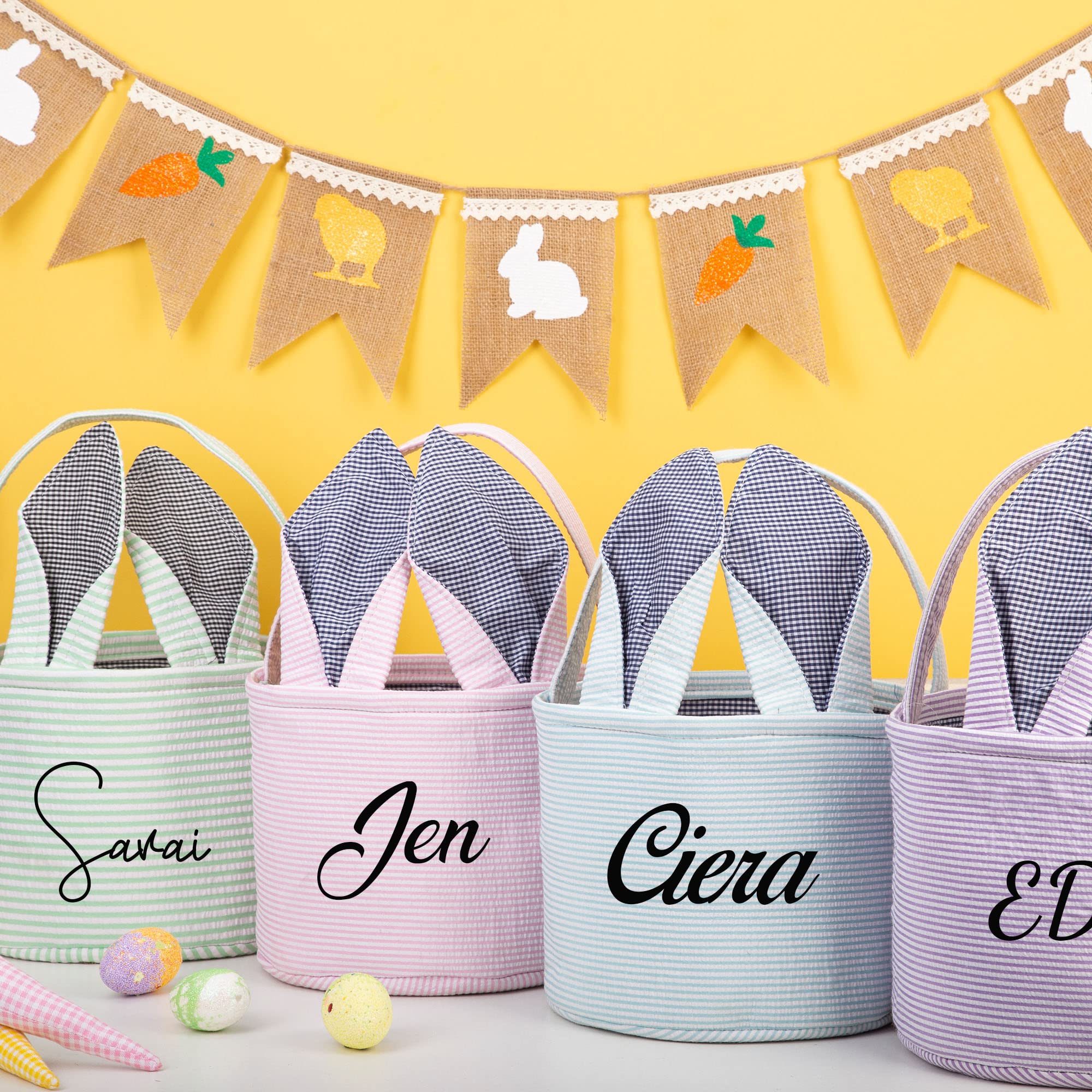 Personalized Easter Basket for Boys Girls, Seersucker Egg Hunt Bunny Baskets for Kids, DIY Bunny Bucket Tote Bags for Easter Decoration Candy Gifts Storage