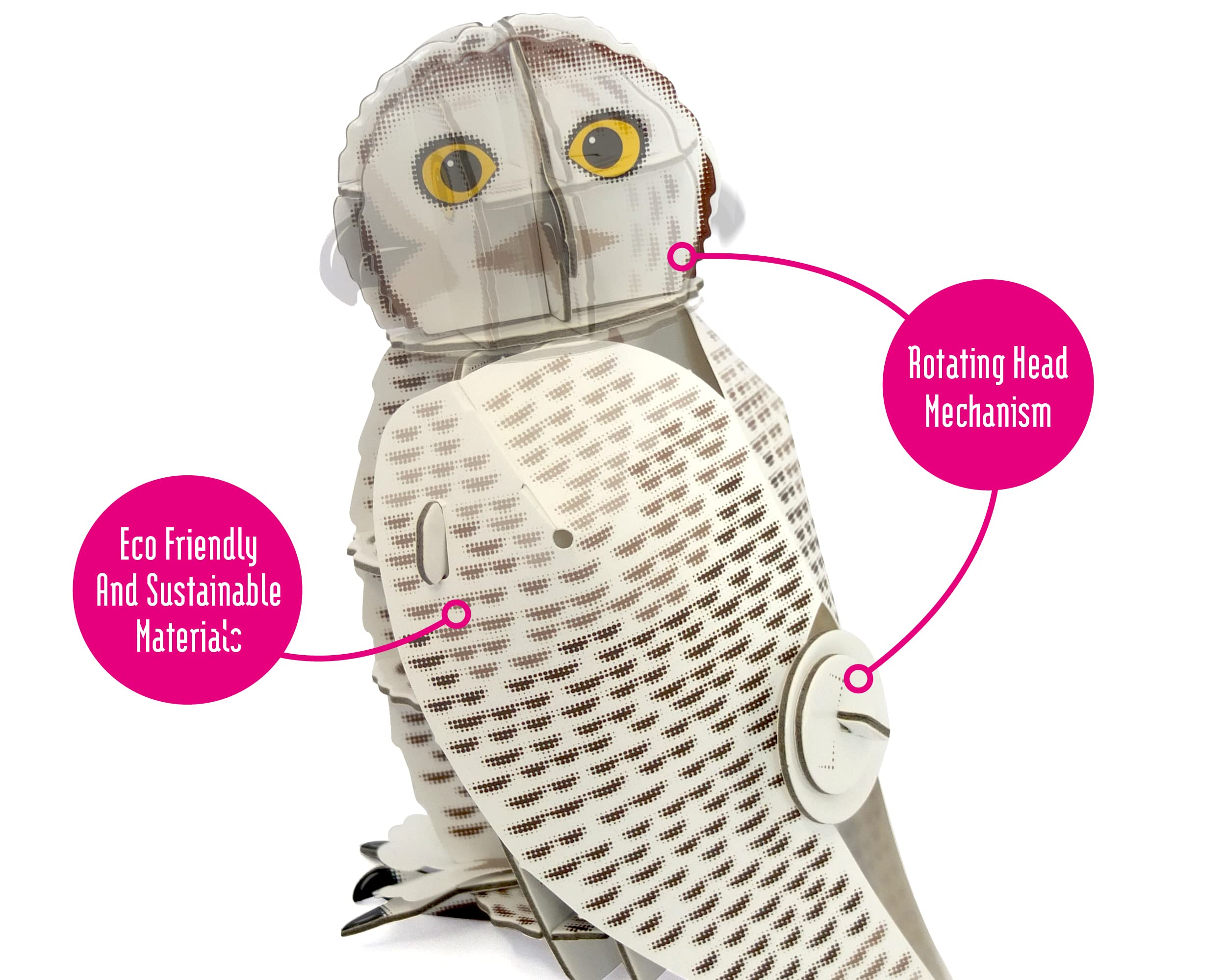 Build Your Own Moving Snowy Owl - Rotating Head Action - Eco Friendly Cardboard Craft Kit - Ages 8+