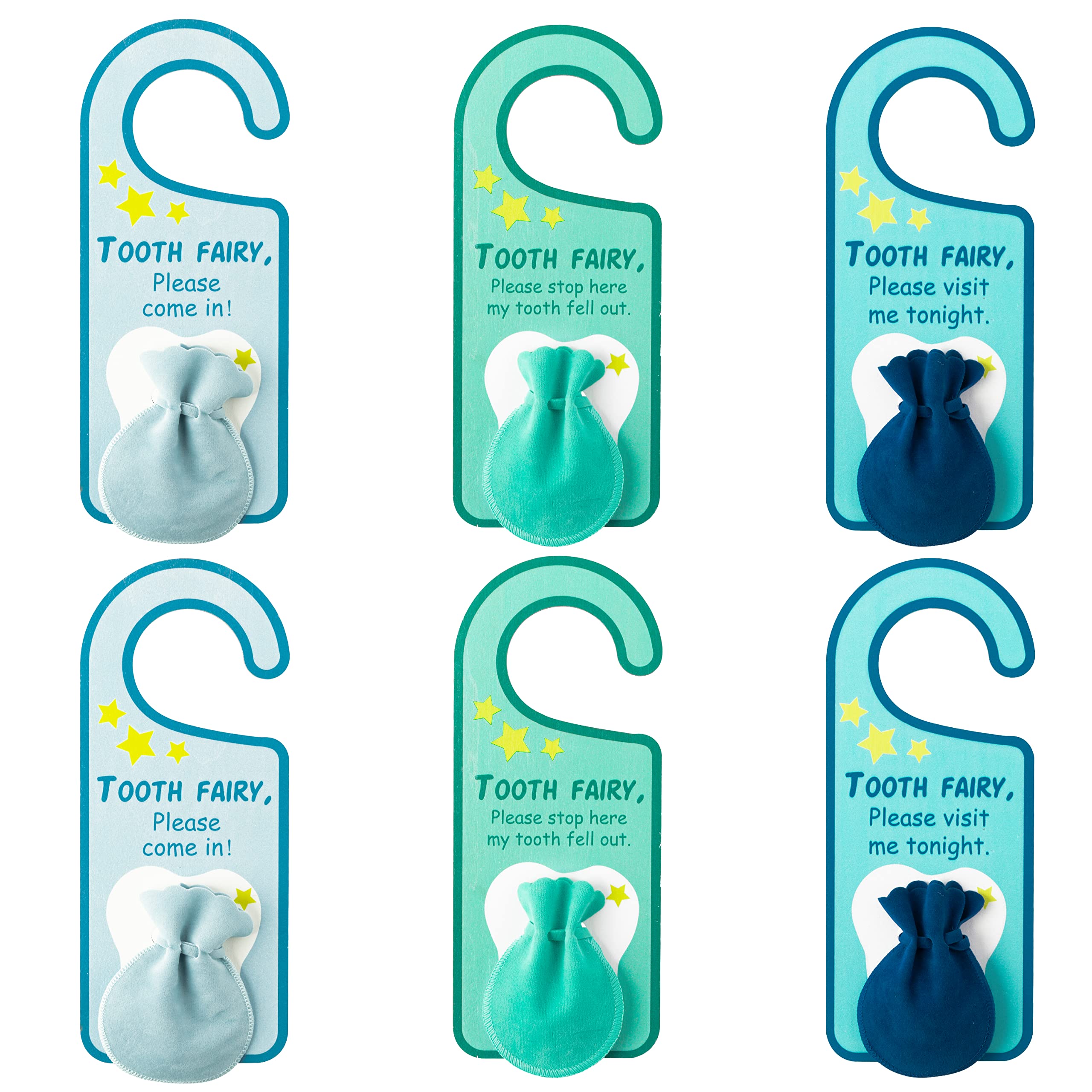 R HORSE 6Pcs Tooth Fairy Door Hanger Set Cute Tooth Fairy Wooden Door Hanging Sign With Tooth Fairy Pouch Bag Blue Tooth Fairy door hanging Pendent Encourage Gift for Lost Teeth Boys